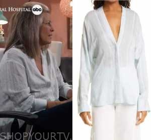 General Hospital: May 2022 Carly's Blue Sheer Striped Blouse | Shop Your TV