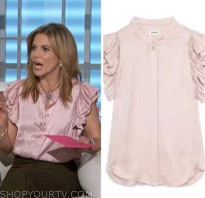 The Talk: January 2023 Natalie Morales's Pink Satin Ruffle Tiered ...