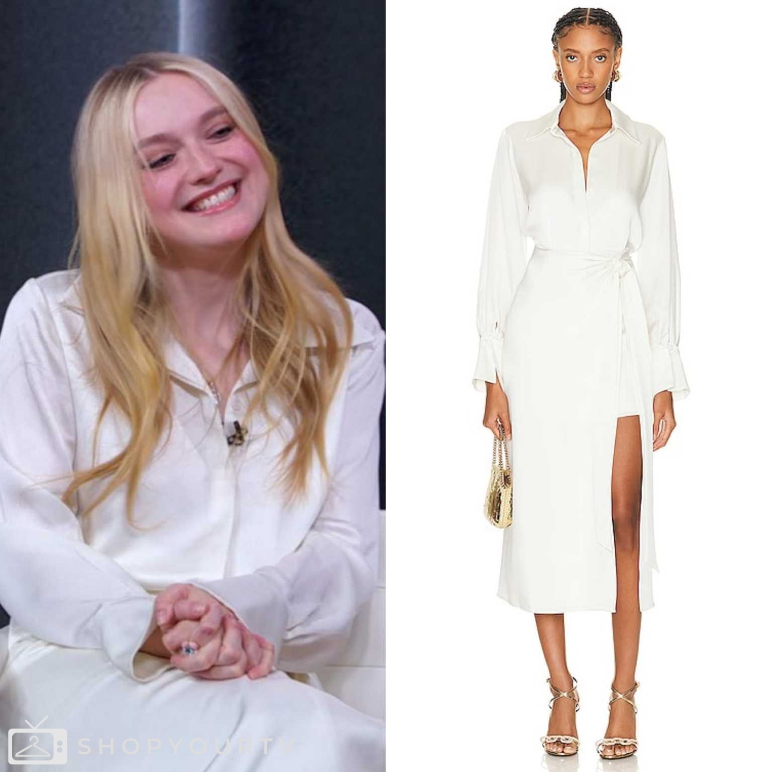 Good Morning America: March 2024 Dakota Fanning’s White Midi Shirtdress ...