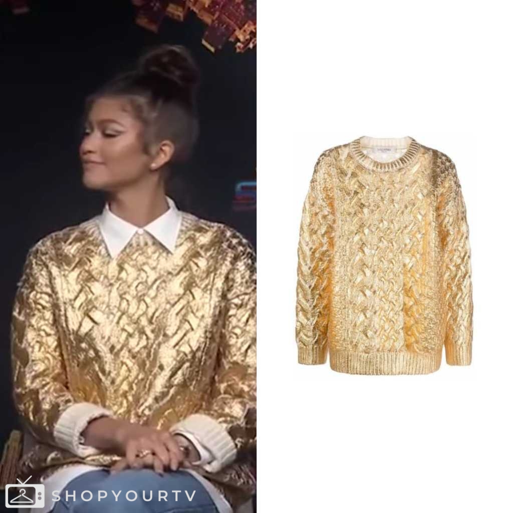 Access Hollywood: April 2024 Zendaya’s Gold Cable Knit Sweater | Shop ...
