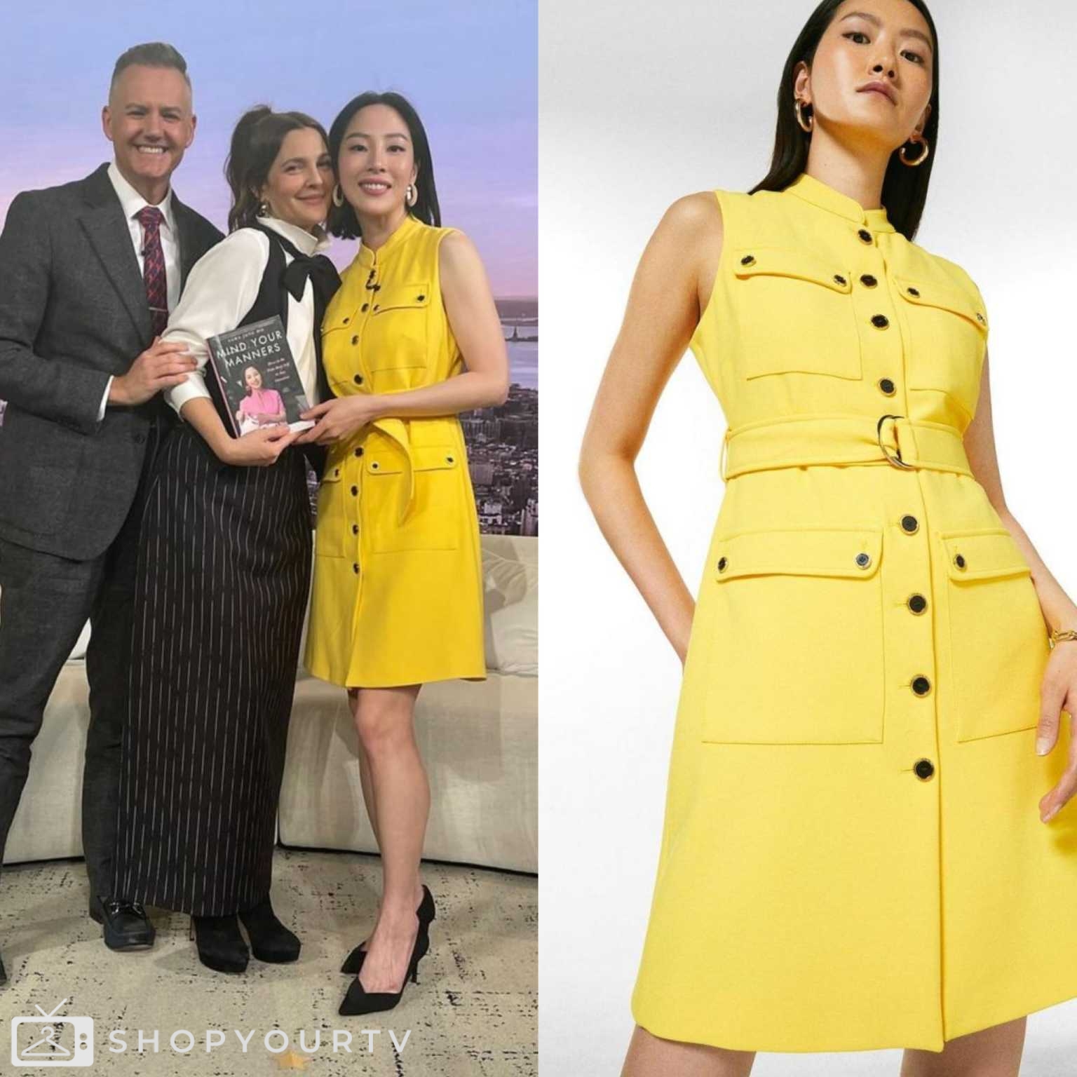 Drew Barrymore Show: April 2024 Sara Jane Ho’s Yellow Utility Dress ...