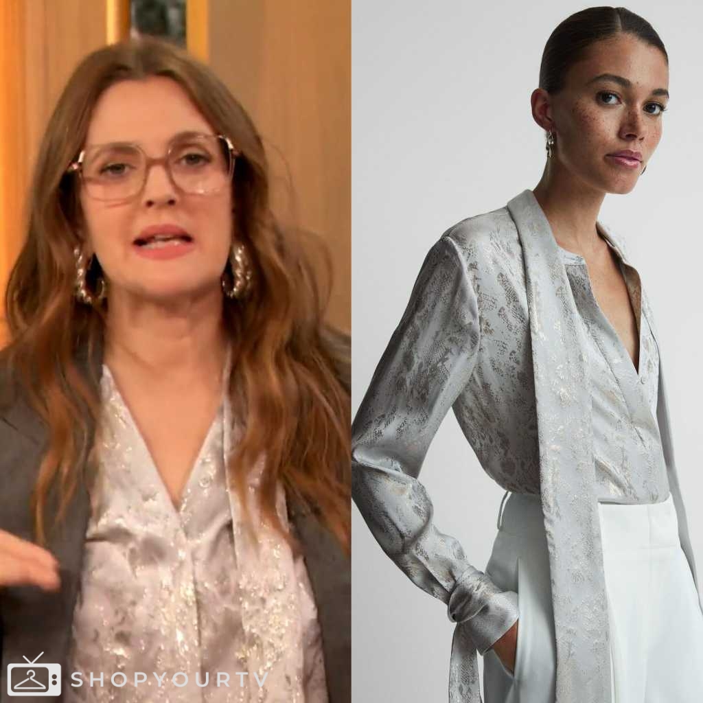 Drew Barrymore Show: April 2024 Drew Barrymore’s Grey Floral Blouse ...