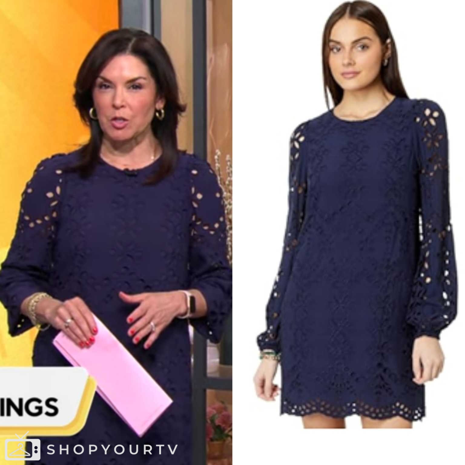 CBS Mornings: April 2024 Meg Oliver’s Navy Eyelet Mini Dress | Shop Your TV
