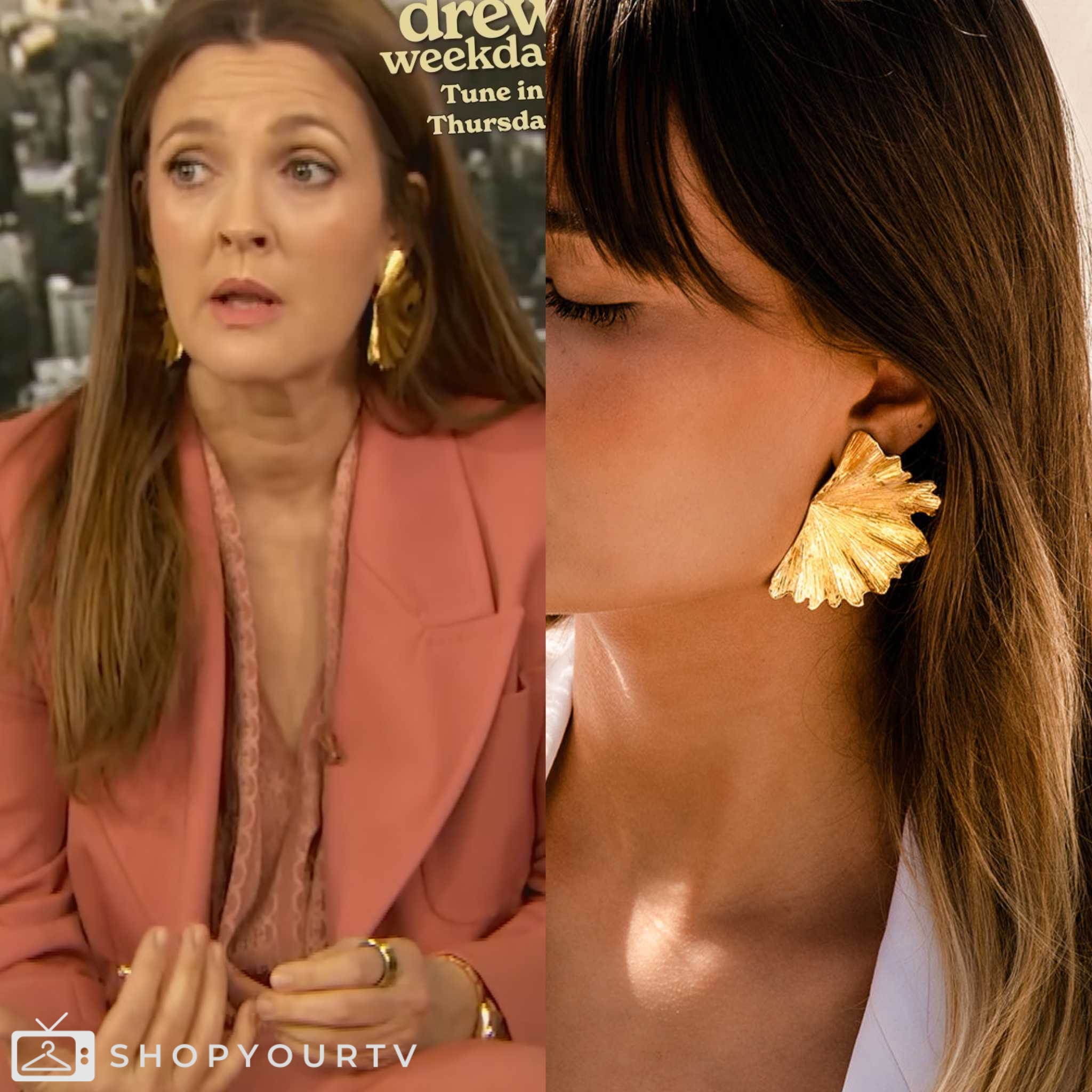Drew Barrymore Show: April 2024 Drew Barrymore’s Gold Leaf Earrings ...