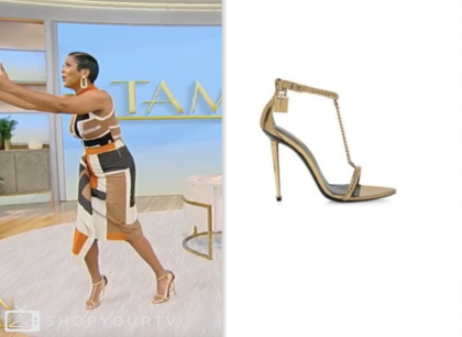 Tamron Hall Show: April 2024 Tamron Hall's Gold Padlock T-Strap Sandals ...