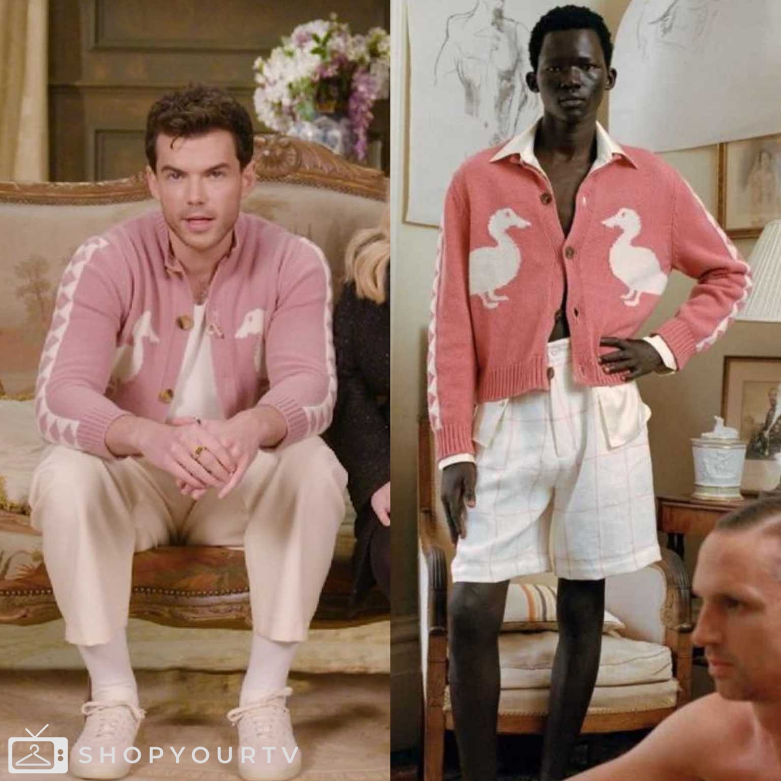 Press Junket: 2024 “Bridgerton” Luke Newton’s Pink Duck Cardigan | Shop ...