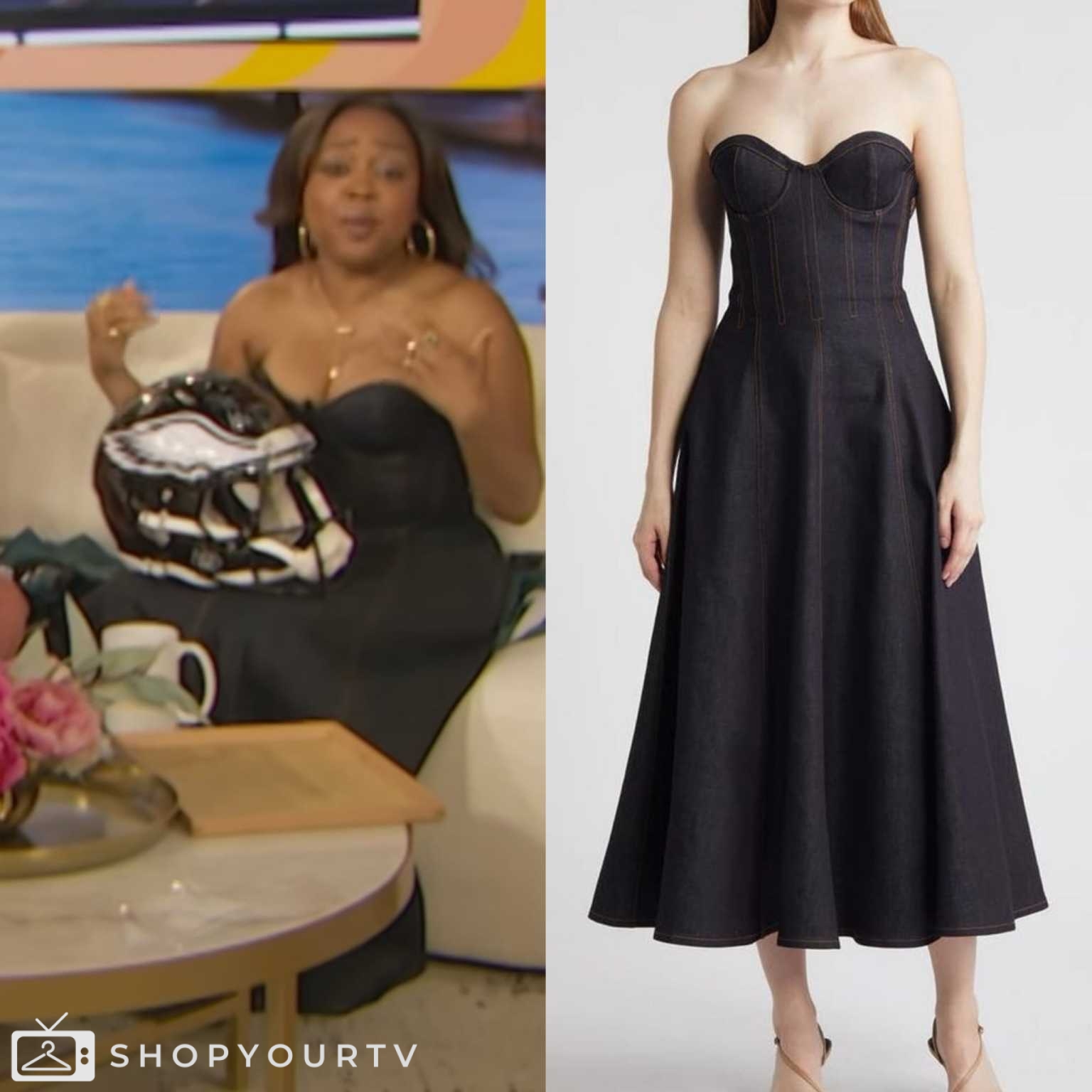 Drew Barrymore Show: May 2024 Quinta Brunson’s Denim Strapless Dress ...