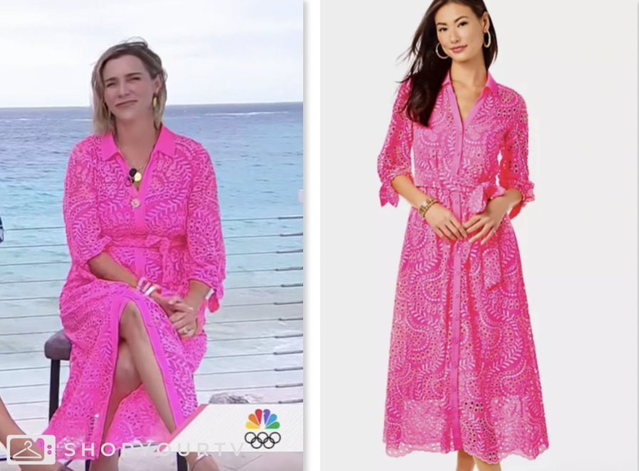 The Today Show: May 2024 Rebecca Singleton's Pink Eyelet Midi Shirt ...