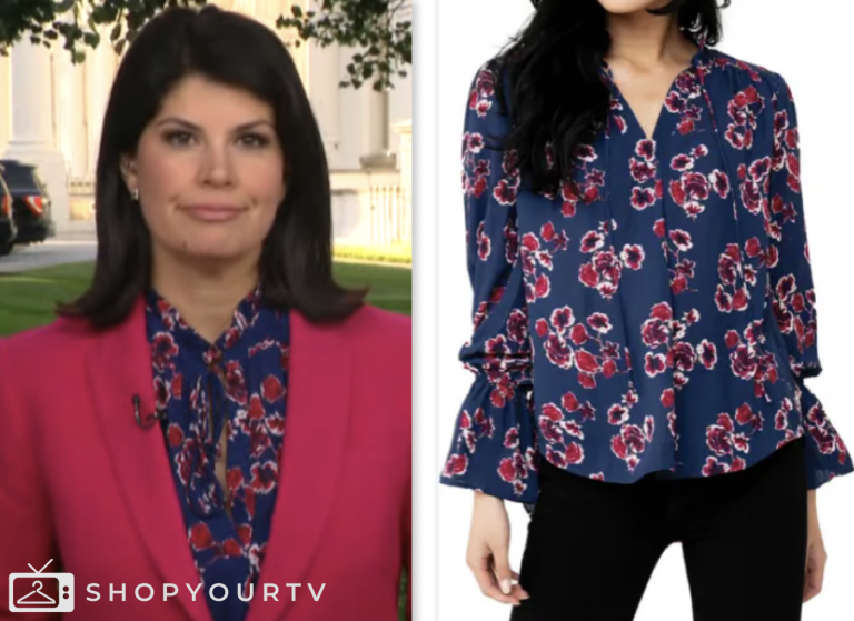 CBS Mornings: May 2024 Natalie Brand's Navy Blue and Pink Floral Blouse ...