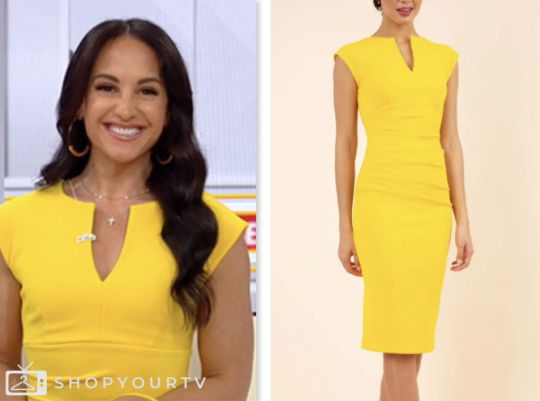 Outnumbered: May 2024 Emily Compagno's Yellow Split Neck Ruched Pencil ...