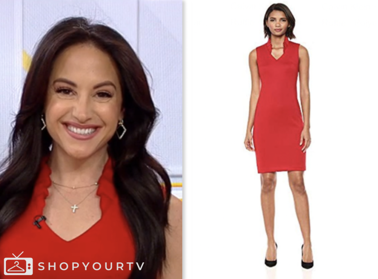Outnumbered: May 2024 Emily Compagno's Red Ruffle Stand Collar Sheath ...