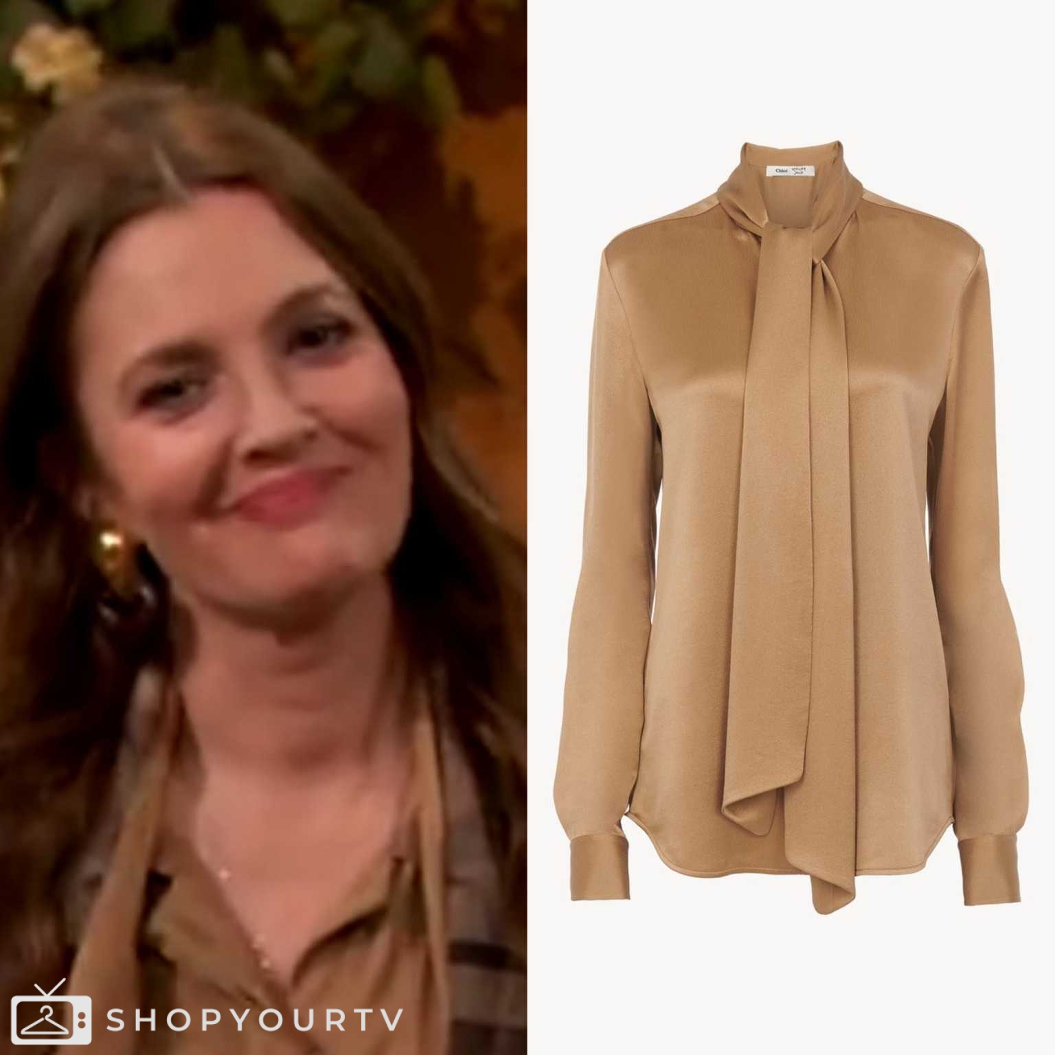 Drew Barrymore Show: May 2024 Drew Barrymore’s Brown Satin Blouse ...