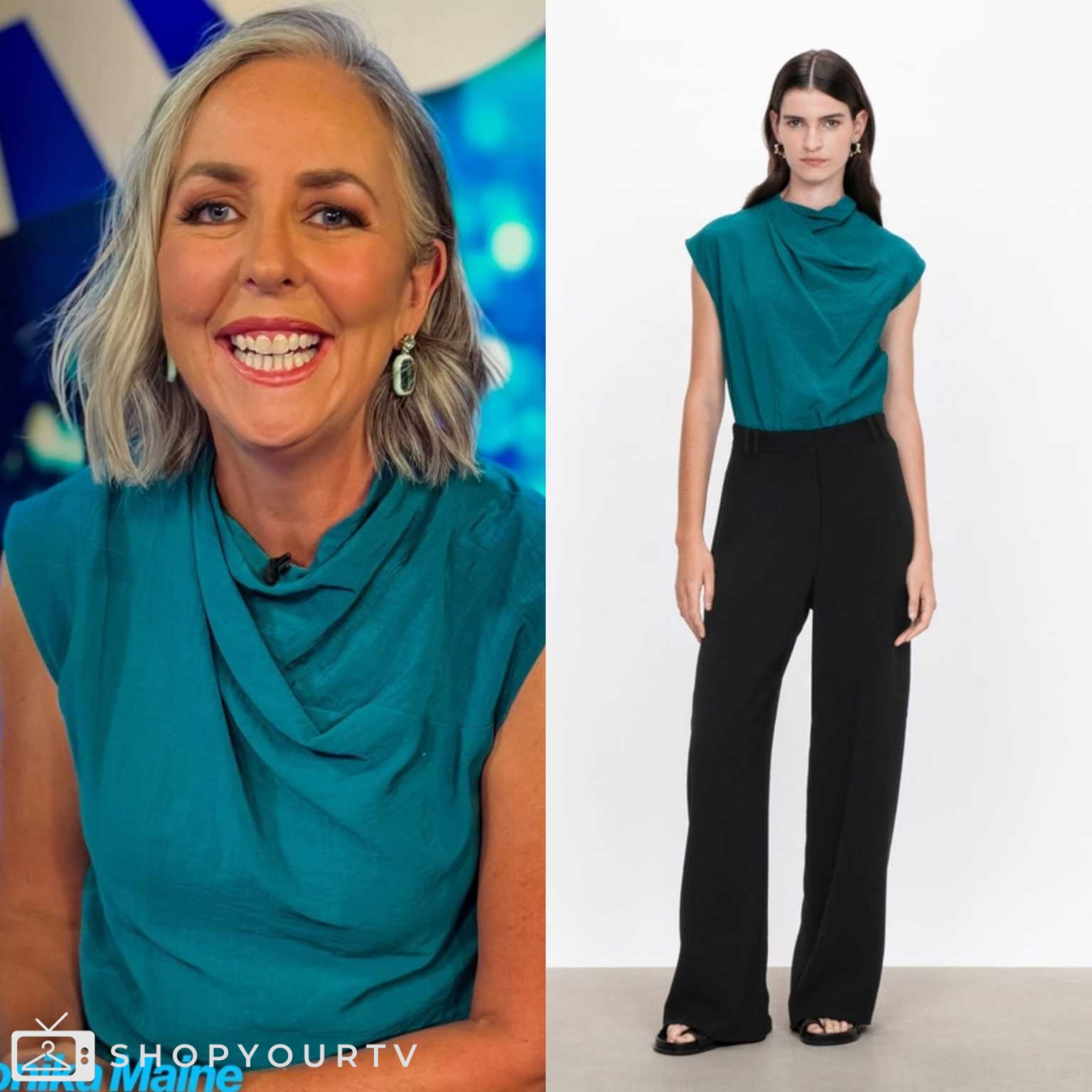 The Project: May 2024 Liz Ellis’s Blue Cowl-neck Top | Shop Your TV