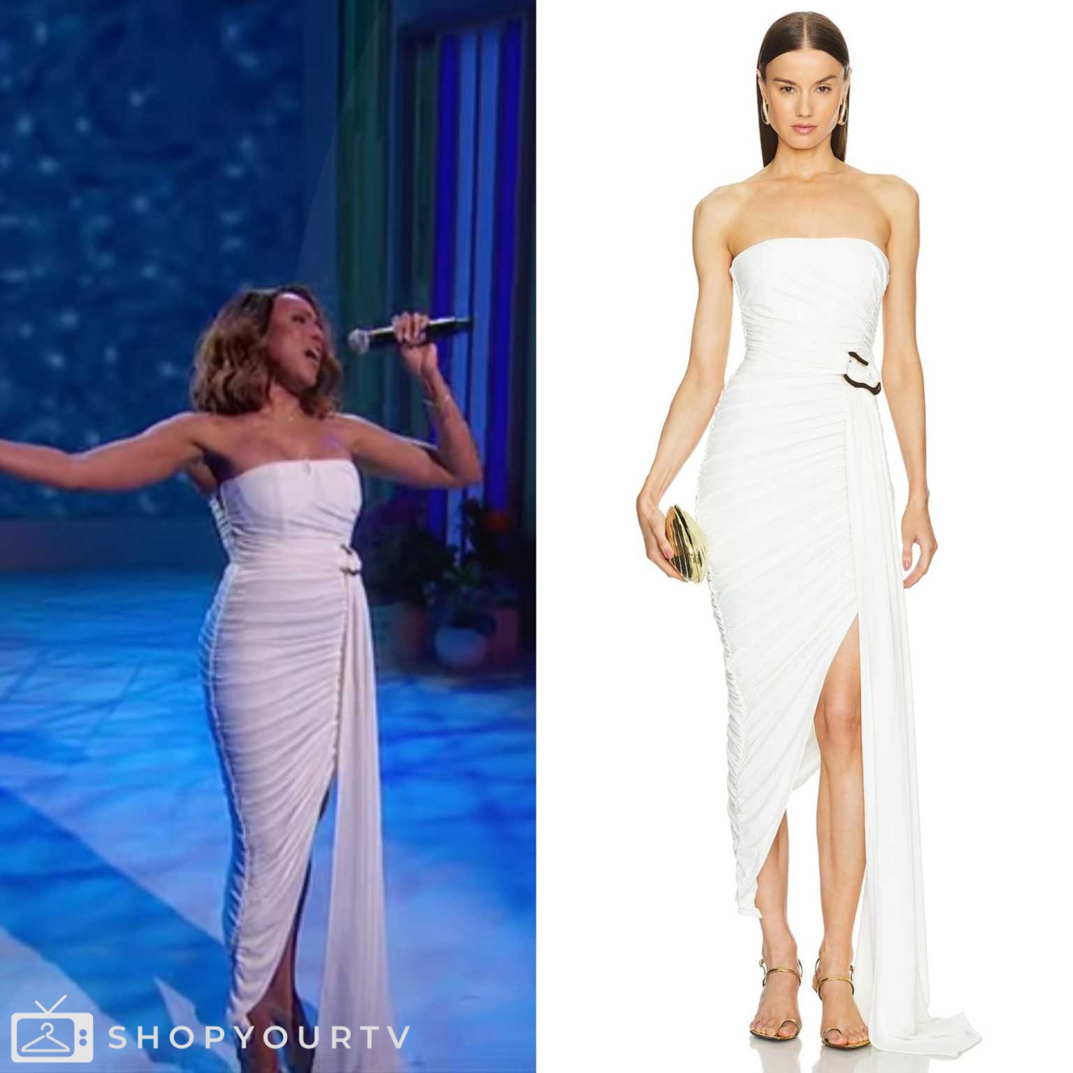 Sherri: May 2024 Deborah Cox’s White Draped Strapless Gown | Shop Your TV
