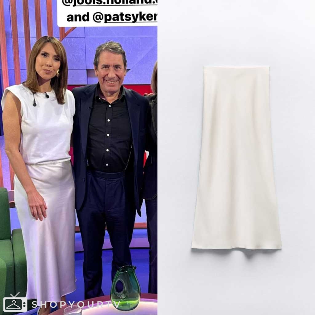 The One Show: June 2024 Alex’s White Satin Midi Skirt | Shop Your TV