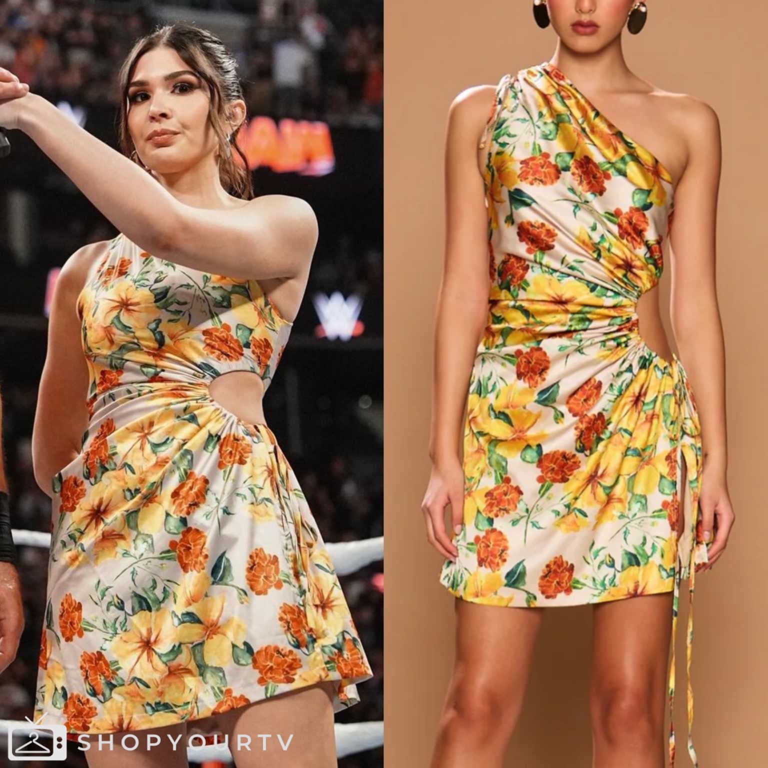WWE RAW July 2024: Cathy's Yellow Floral Mini Dress | Shop Your TV