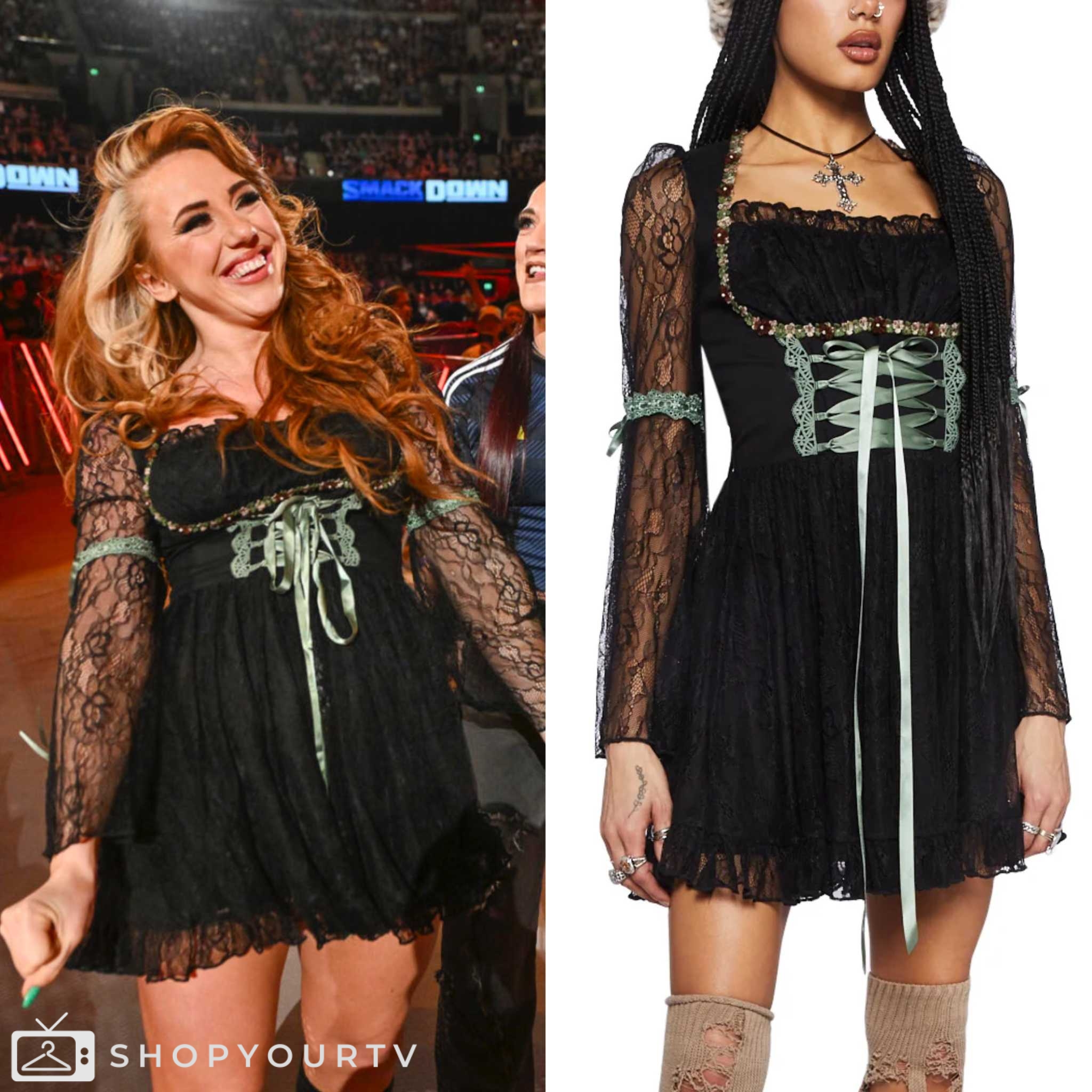 WWE Smackdown June 2024: Isla's Black Lace & Green Ribbon Dress | Shop ...