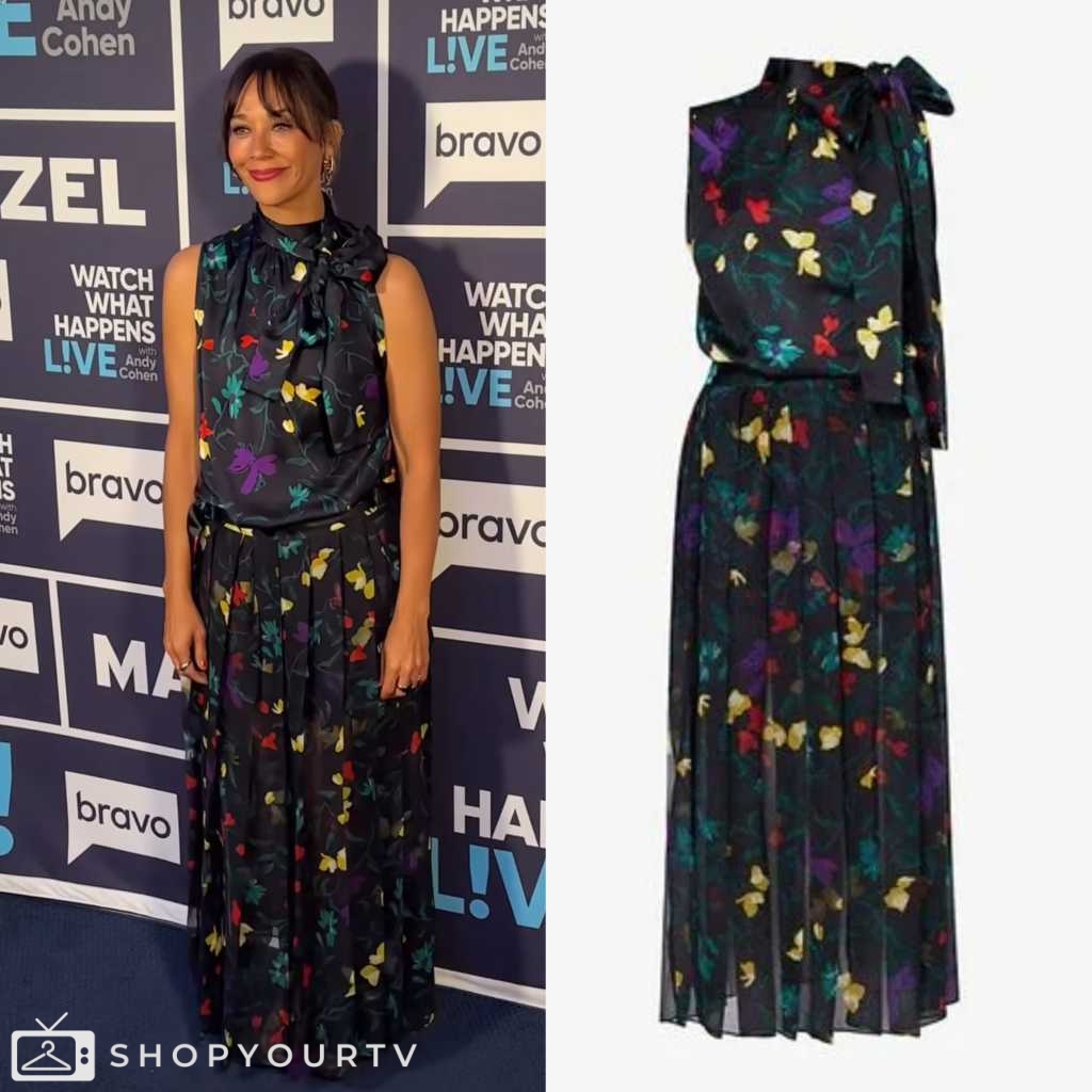 Watch What Happens Live: July 2024 Rashida Jones’s Floral Tie Neck ...