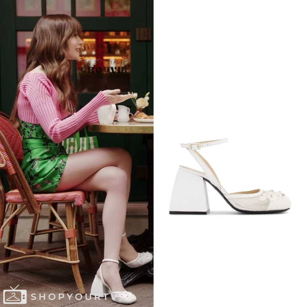Emily in Paris: Season 4 Emily’s White Ankle Strap Embellished Pumps ...