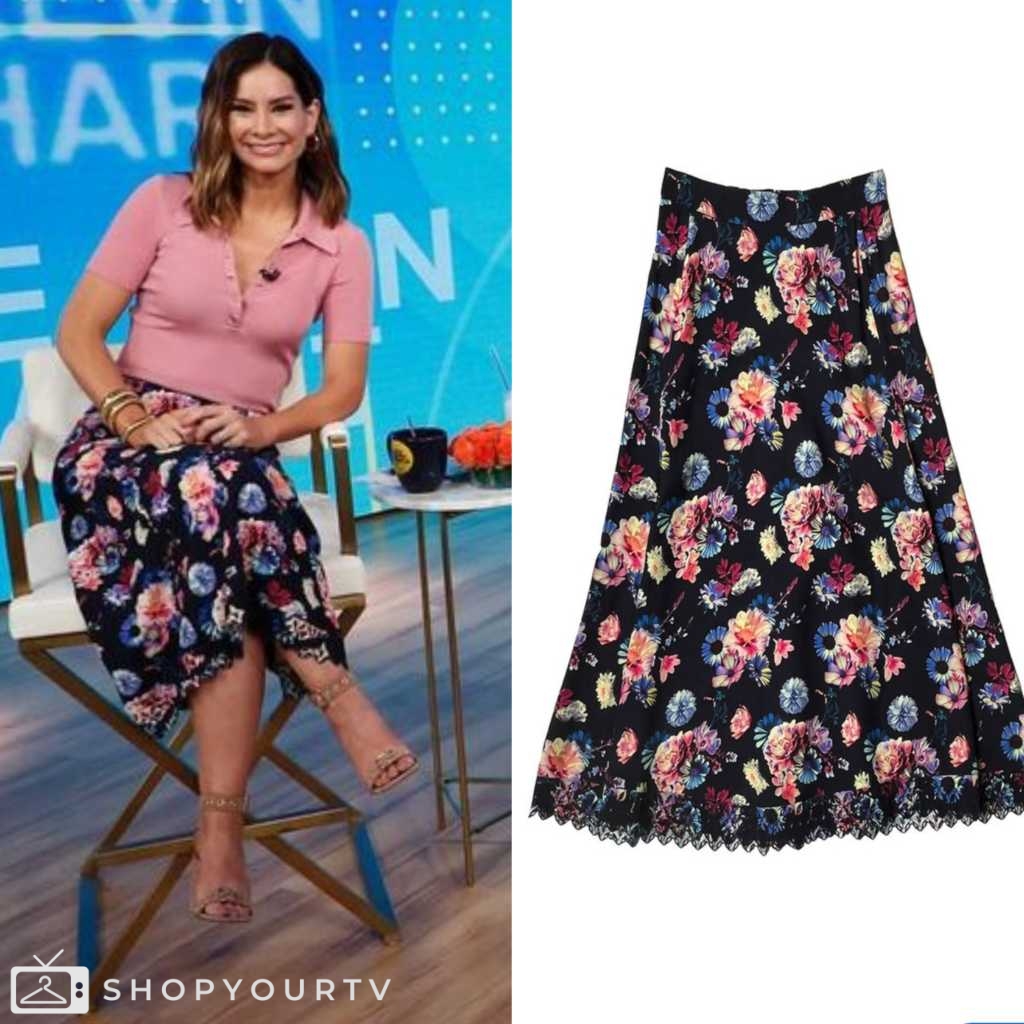 Good Morning America: July 2024 Rebecca Jarvis’s Pink Floral Lace Skirt ...