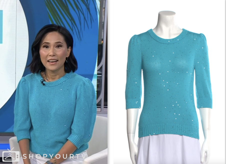 The Today Show: July 2024 Vicky Nguyen's Aqua Blue Embellished Sweater ...