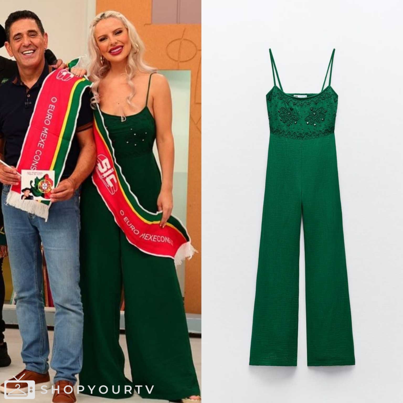 Alô Portugal: July 2024 Filipa’s Green Embroidered Jumpsuit | Shop Your TV