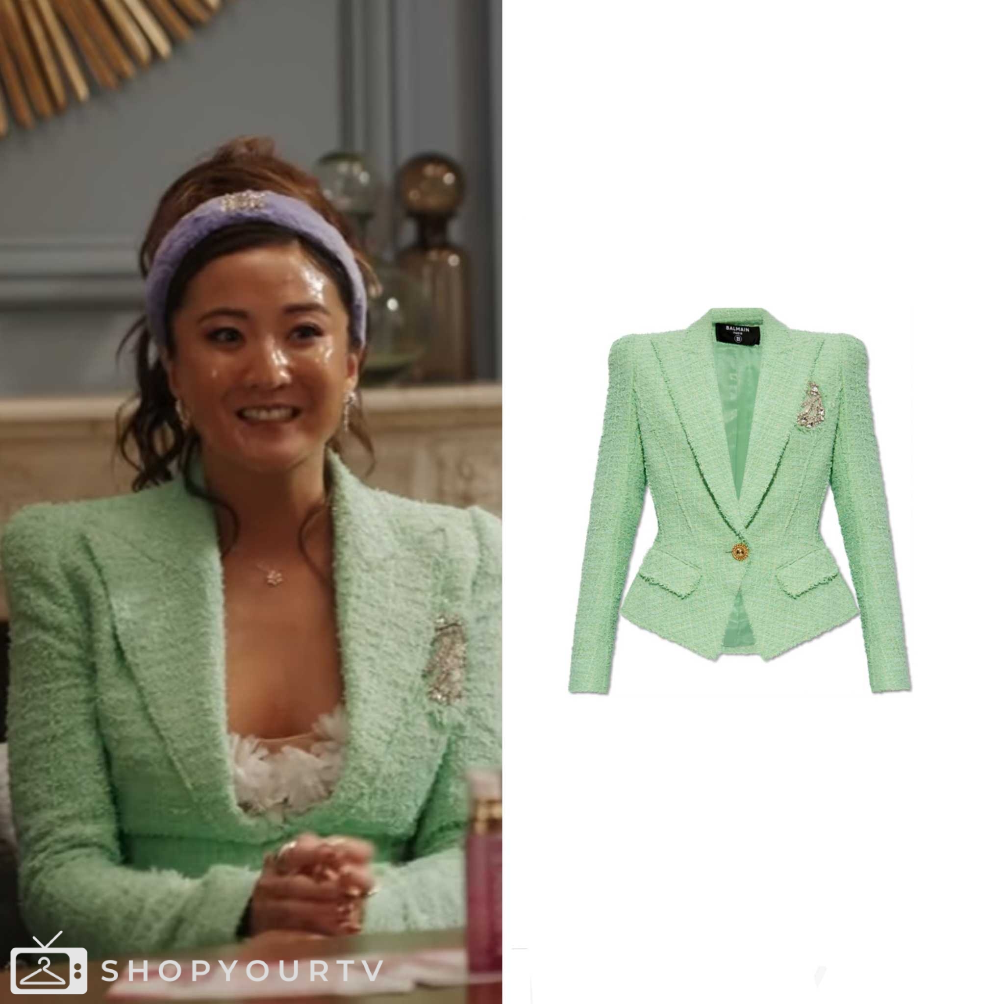 Emily in Paris: Season 4 Episode 5 Mindy’s Green Tweed Blazer | Shop ...