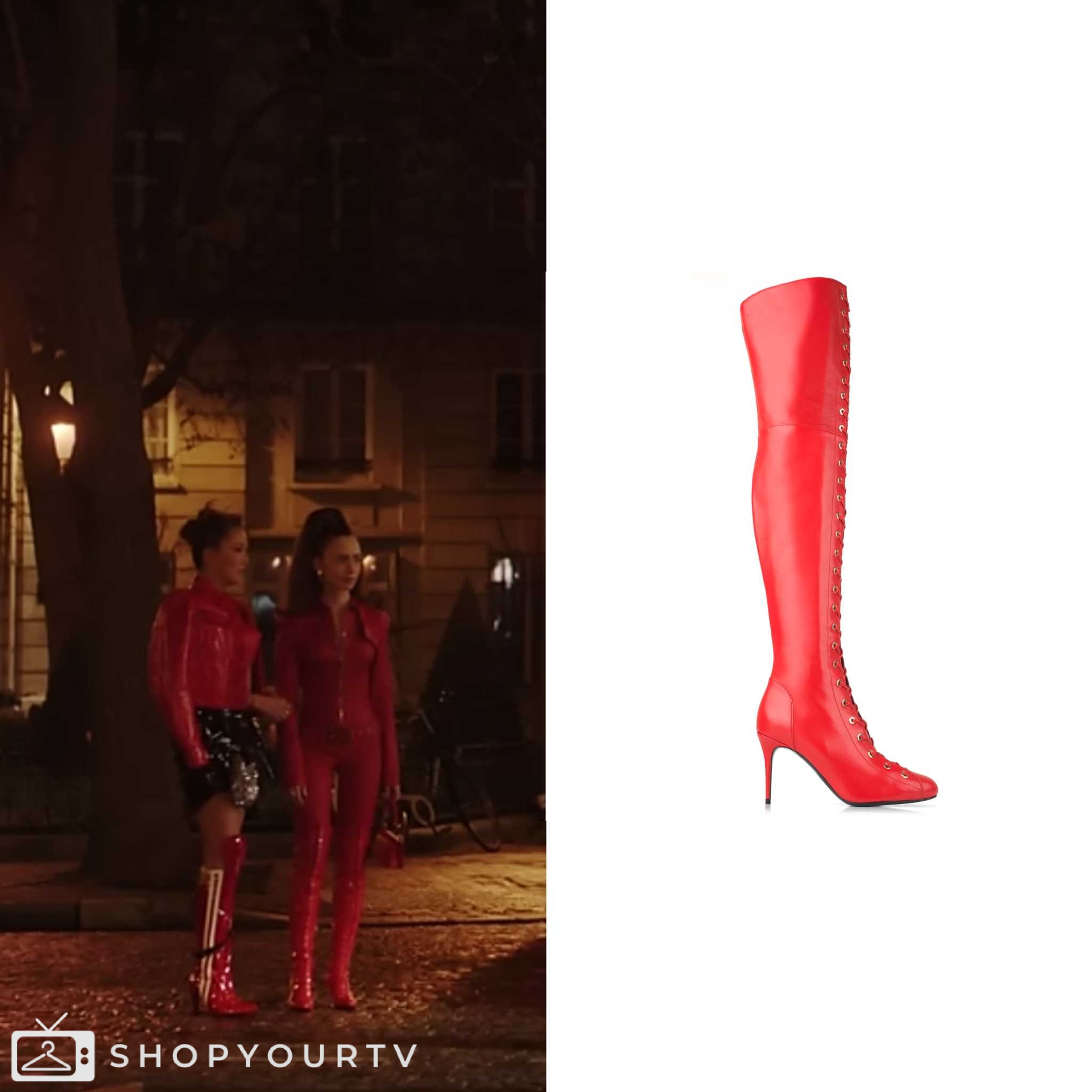 Emily in Paris: Season 4 Episode 7 Emily’s Red Lace Up Boots | Shop Your TV
