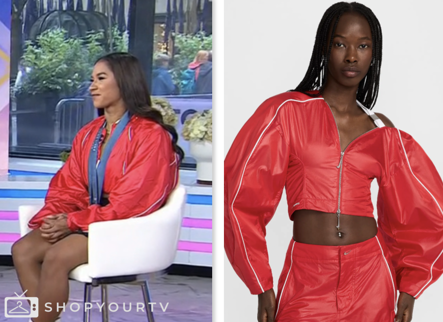 The Today Show: August 2024 Jordan Chiles's Red Cropped Zip-Front Track ...