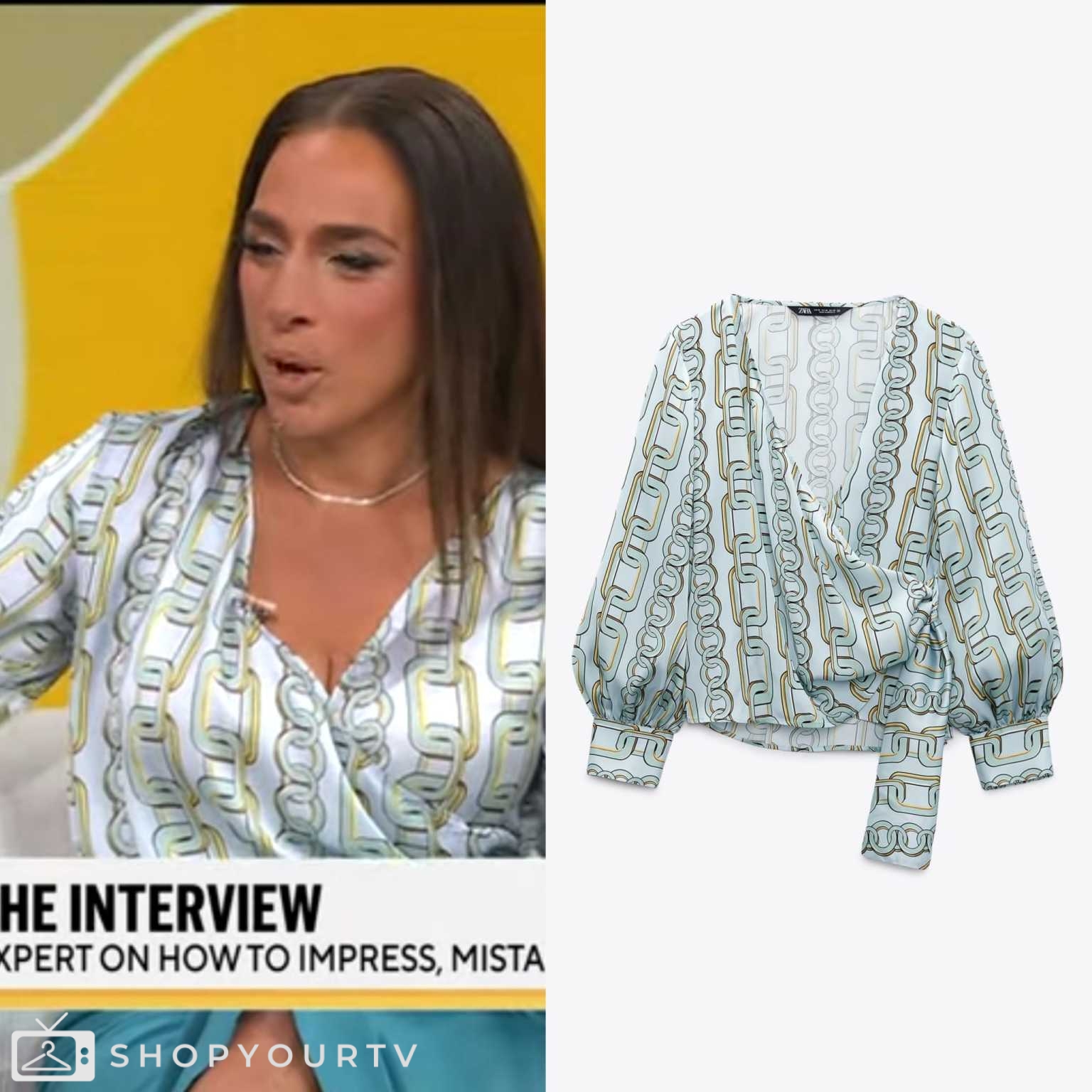 CBS Mornings: August 2024 Michelle’s Blue Chain Print Blouse | Shop Your TV