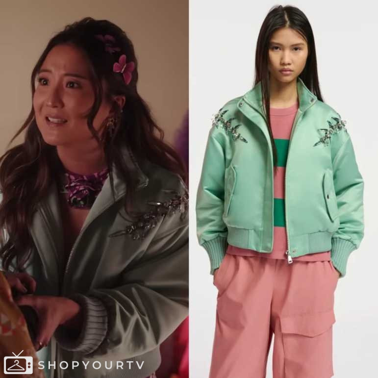 Emily in Paris: Season 4 Mindy’s Mint Embellished Satin Bomber Jacket ...
