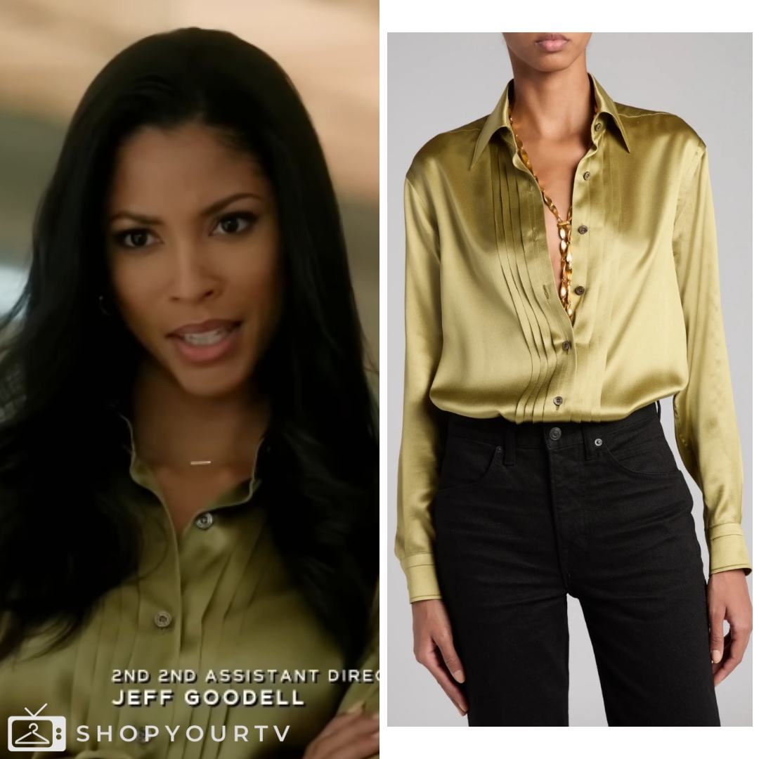 Suits LA: Season 1 Erica’s Green Pleated Silk Shirt | Shop Your TV