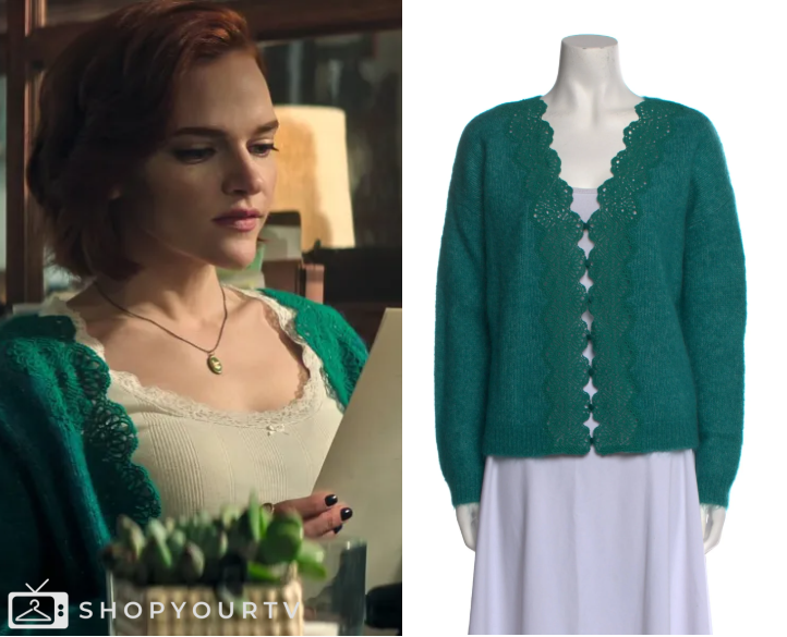 You: Season 5 Episode 4 Bronte's Green Lace Trim Cardigan | Shop Your TV