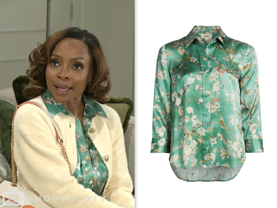 Beyond the Gates: May 2025 Tracy Tyler's Teal Green Floral Satin Shirt ...