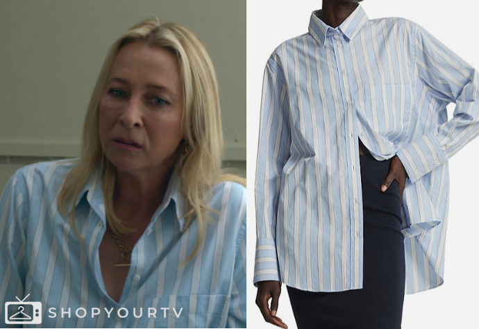 Strife: Season 2 Episode 4 Evelyn's Blue & White Striped Blouse | Shop ...