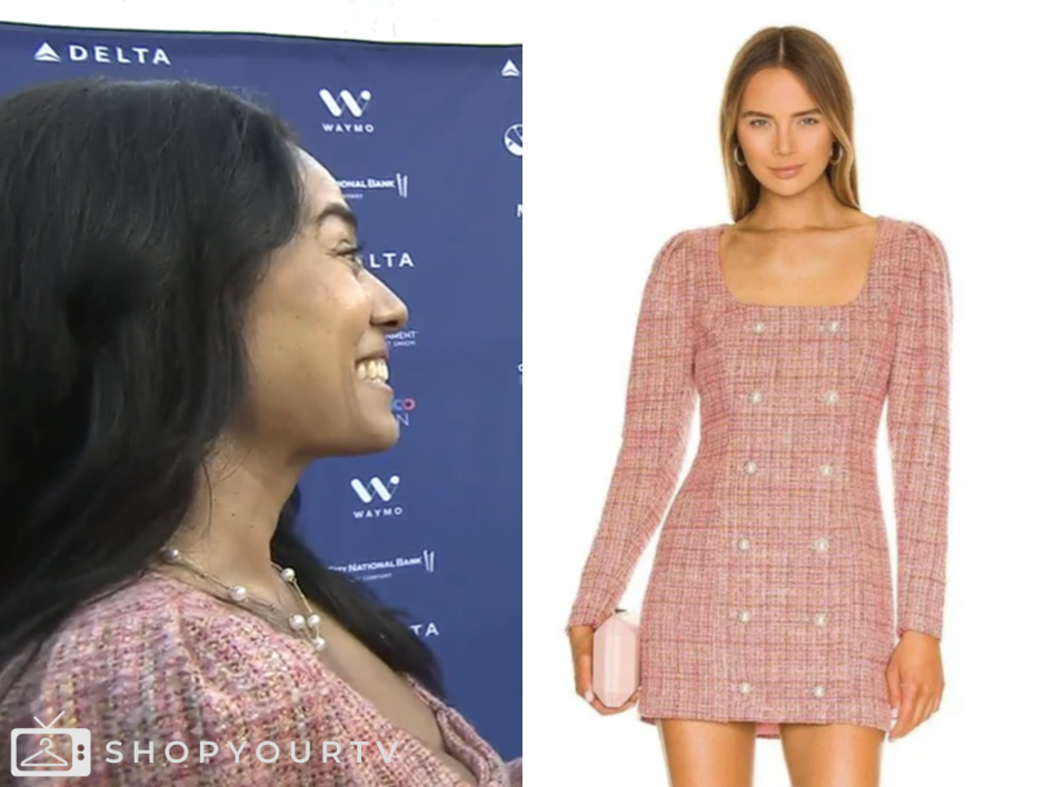 E! News: June 2025 Sharon Carpenter's Pink Tweed Square Neck Mini Dress ...
