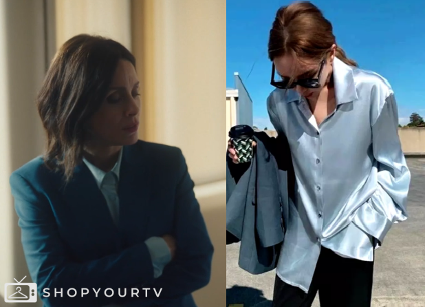 Patience: Season 1 Episode 2 Bea's Aqua Blue Satin Shirt | Shop Your TV