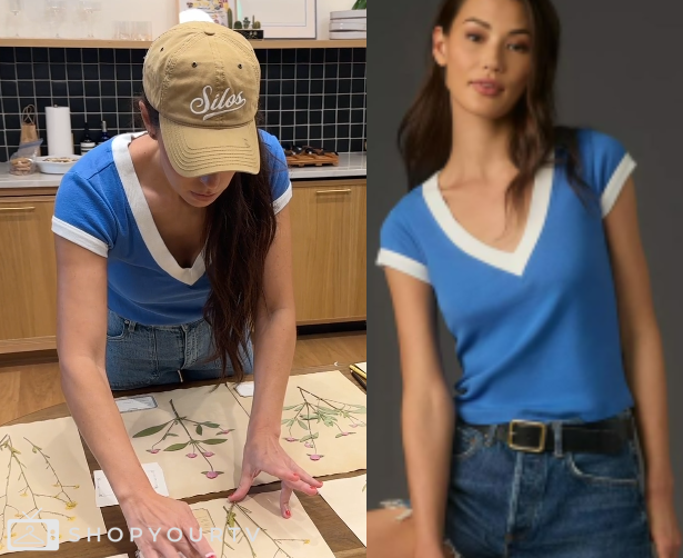Mini Reni: Season 1 Episode 4 Joanna Gaines' Blue & White Trim V Neck ...