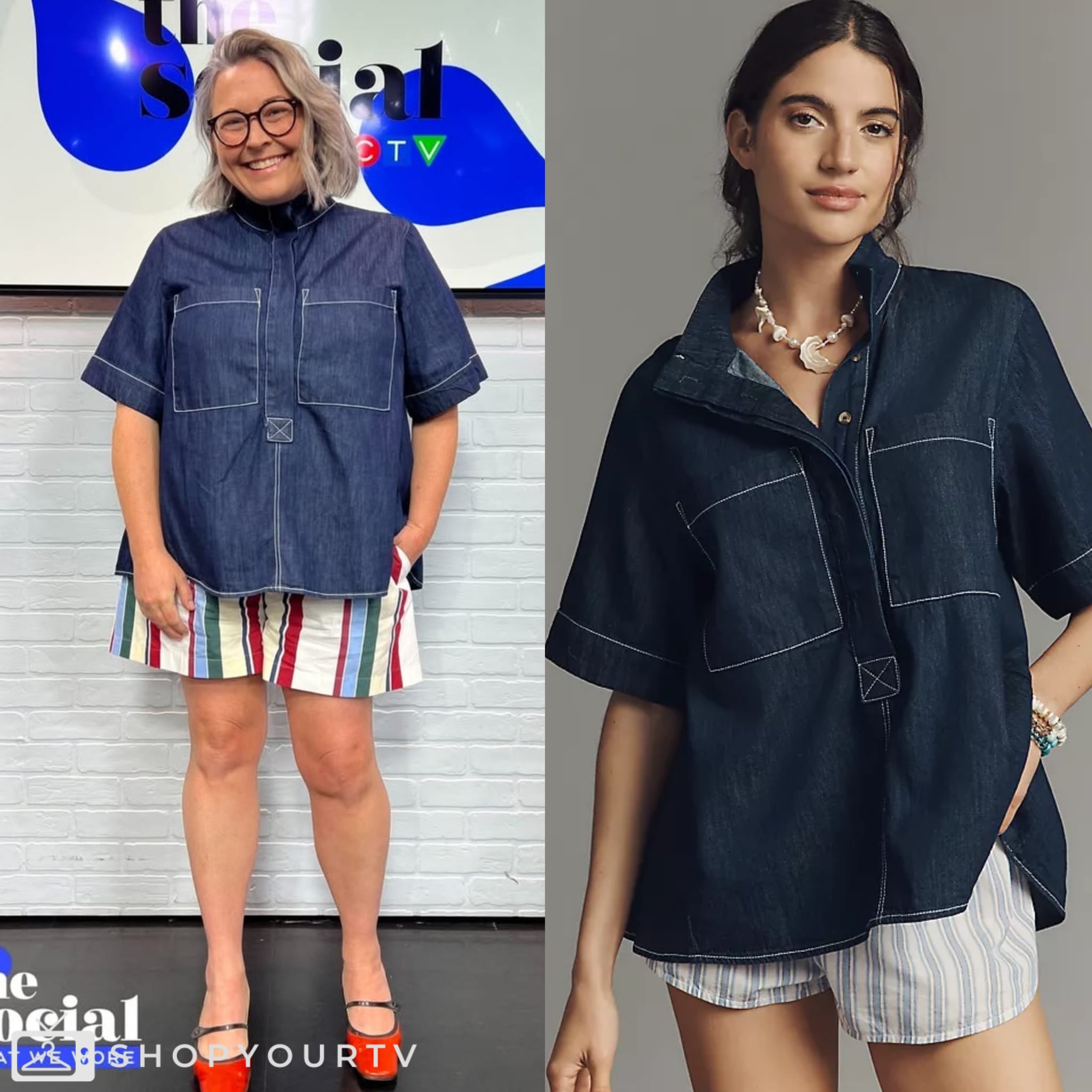 The Social: July 2025 Jess's Denim Short-Sleeve A-Line Blouse | Shop ...
