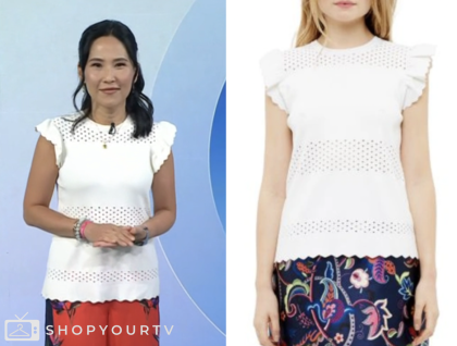 The Today Show: July 2025 Vicky Nguyen’s White Knit Flutter Sleeve Top ...