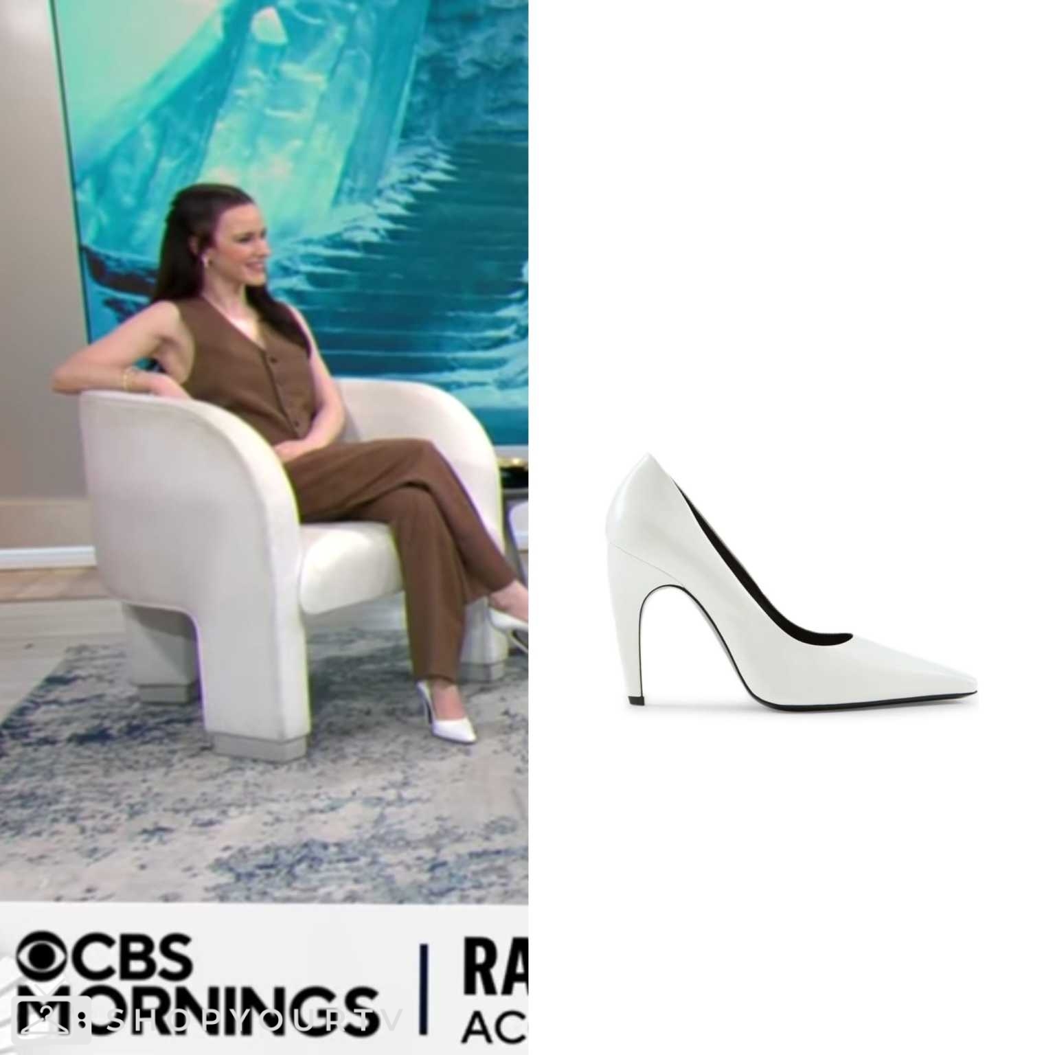 CBS Mornings: July 2025 Rachel Brosnahan’s White Curved Heel Pumps ...