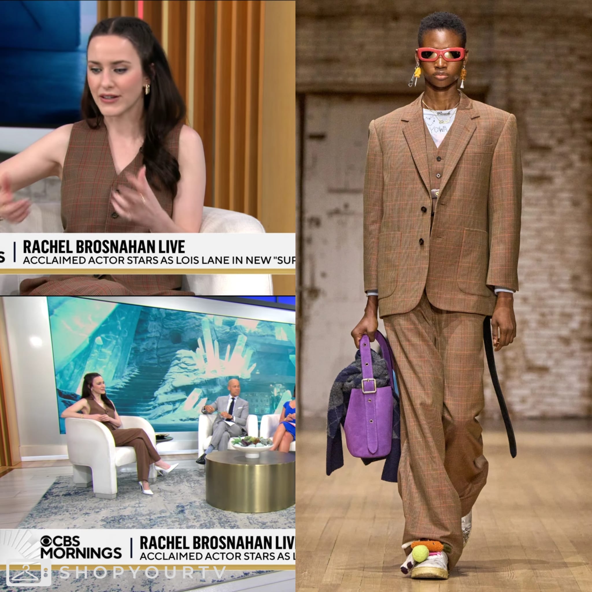 CBS Mornings: July 2025 Rachel Brosnahan’s Brown Checked Trousers ...