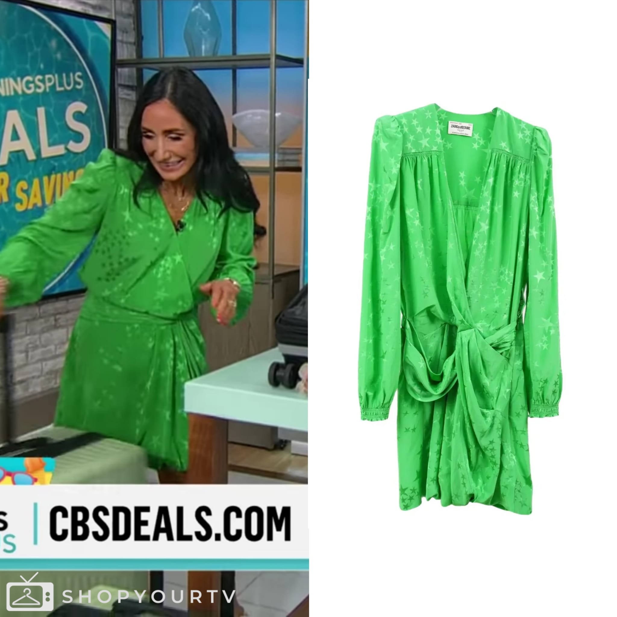 CBS Mornings: July 2025 Elizabeth’s Green Printed Wrap Dress | Shop Your TV
