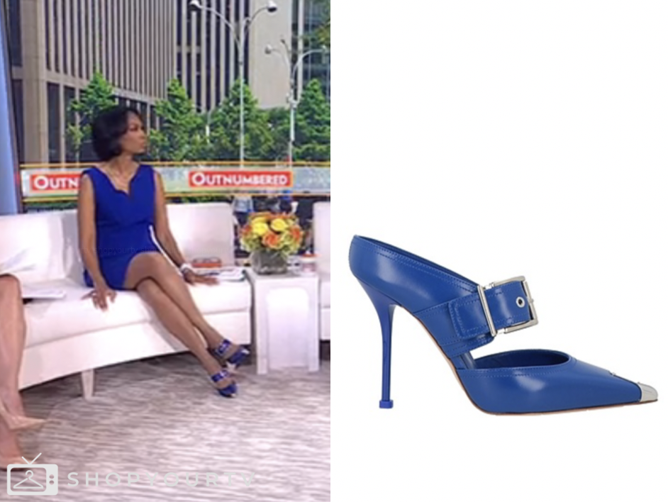 Outnumbered: August 2025 Harris Faulkner's Blue Buckle Mules Heels ...