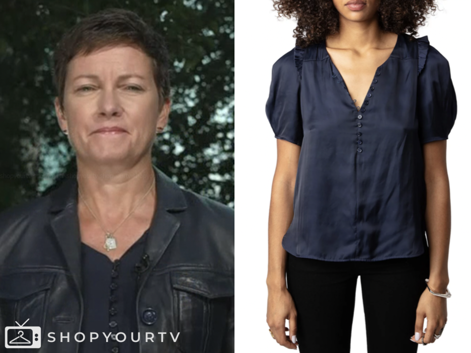 The Today Show: September 2025 Stephanie Gosk’s Navy Satin Ruffle Top ...