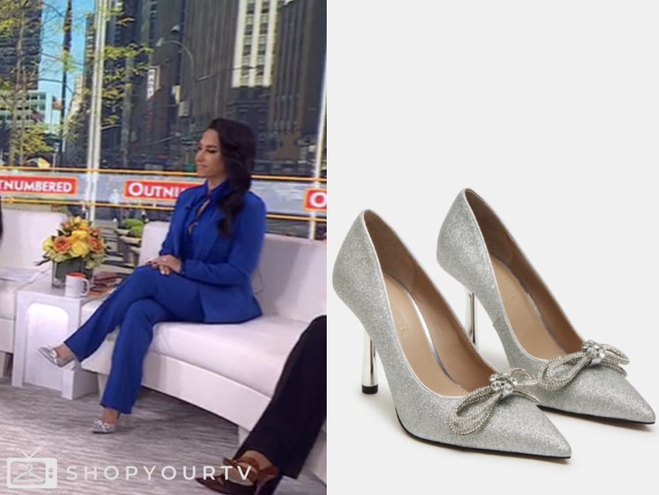 Outnumbered: October 2025 Emily Compagno's Silver Embellished Bow Heels ...